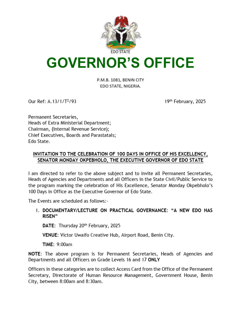 Invitation to the Celebration of 100 Days in Office of His Excellency ...