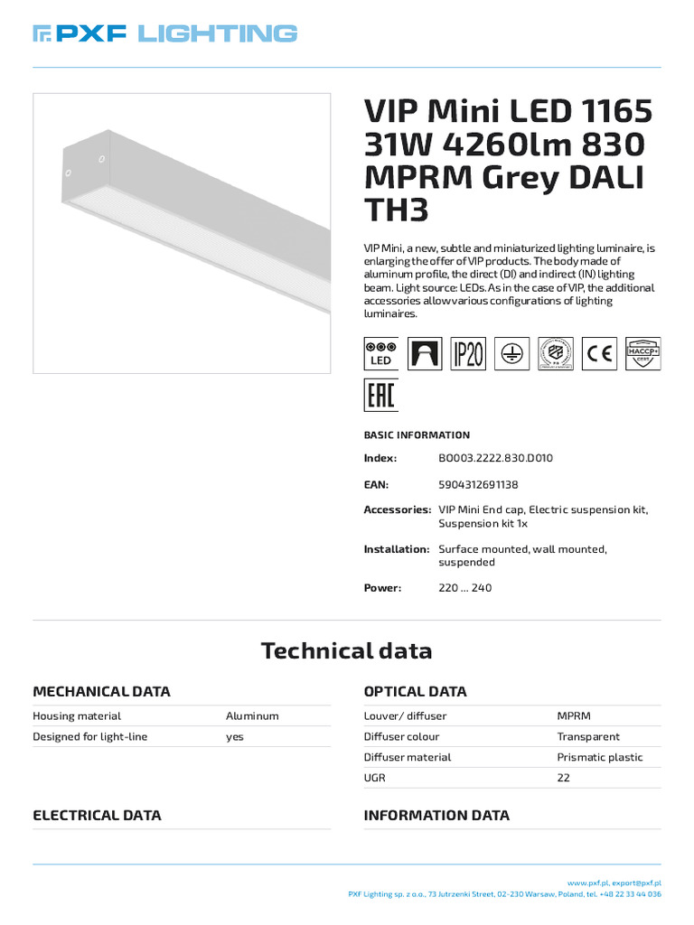 VIP Mini LED 1165 31W 4260lm 830 MPRM Grey DALI TH3 Product Datasheet ...
