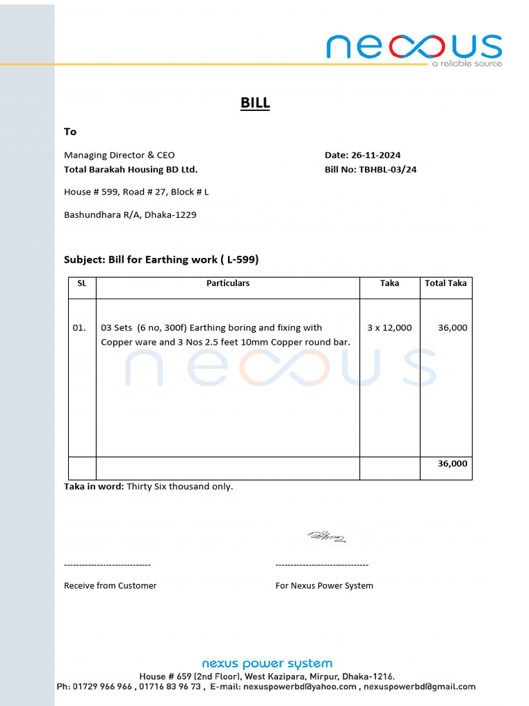 Bill for Earthing Work - TBHBL-03/24 | PDF