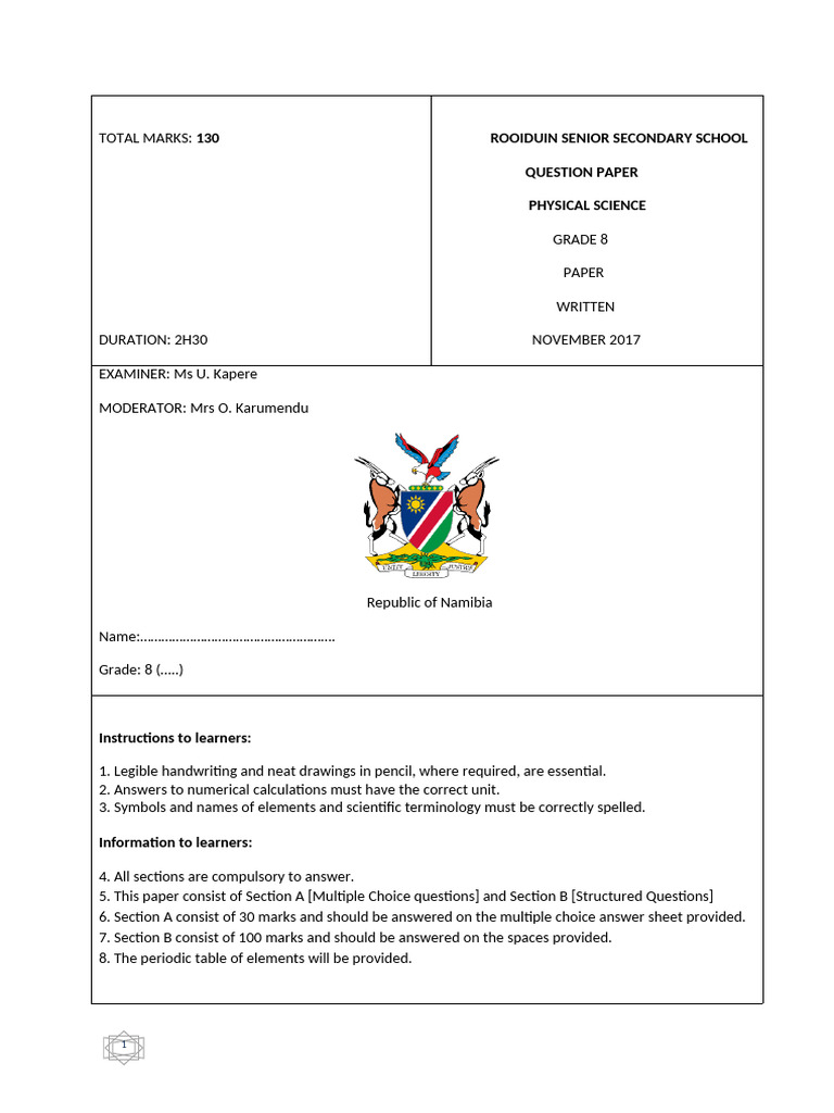 Grade 8 Physical Science Exam Paper | PDF | Atoms | Proton