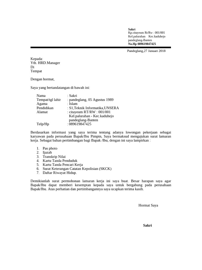 Surat Lamaran Sakri | PDF