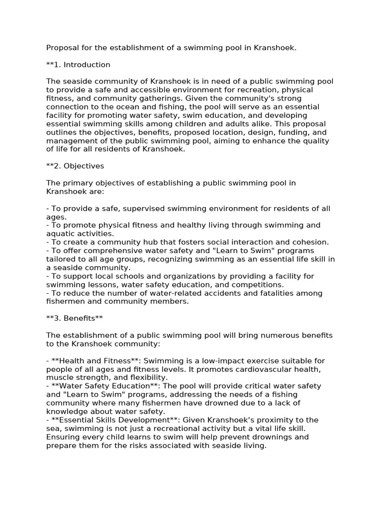 Kranshoek Public Swimming Pool Proposal | PDF | Swimming | Physical Fitness