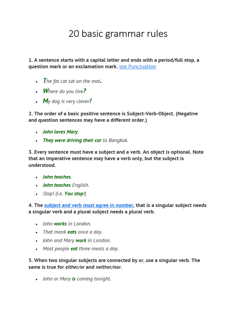 20 Basic Grammar Rules | PDF | Verb | Grammatical Number