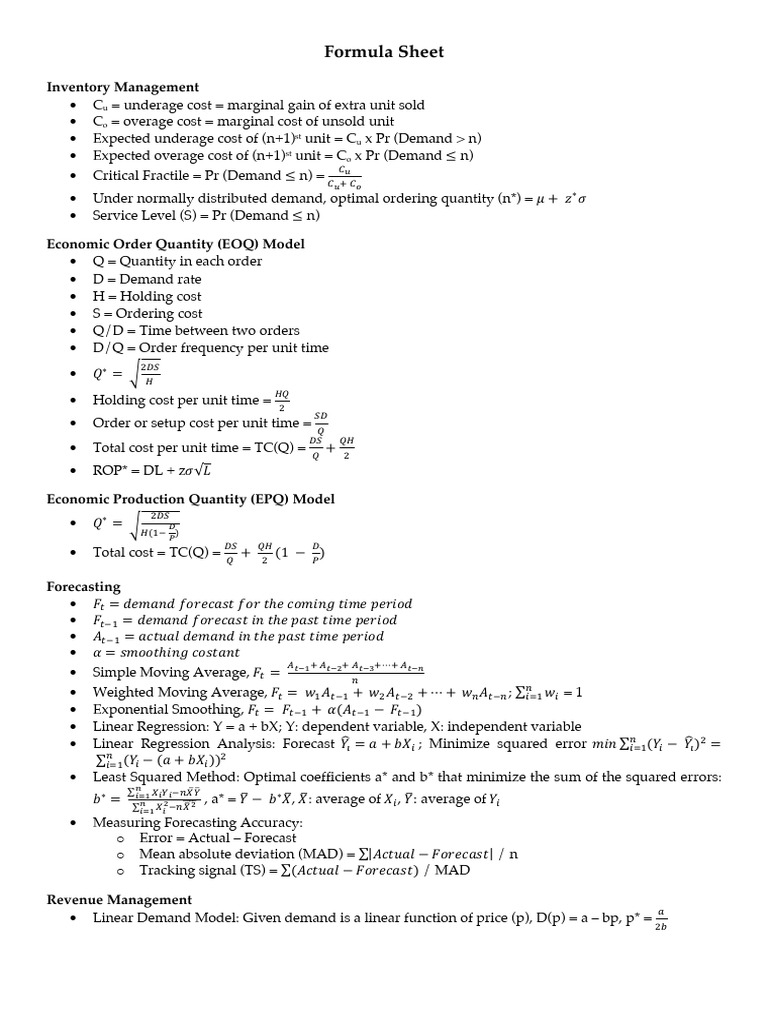 F21 ISOM2700 Final Formula Sheet | PDF | Regression Analysis | Errors And Residuals