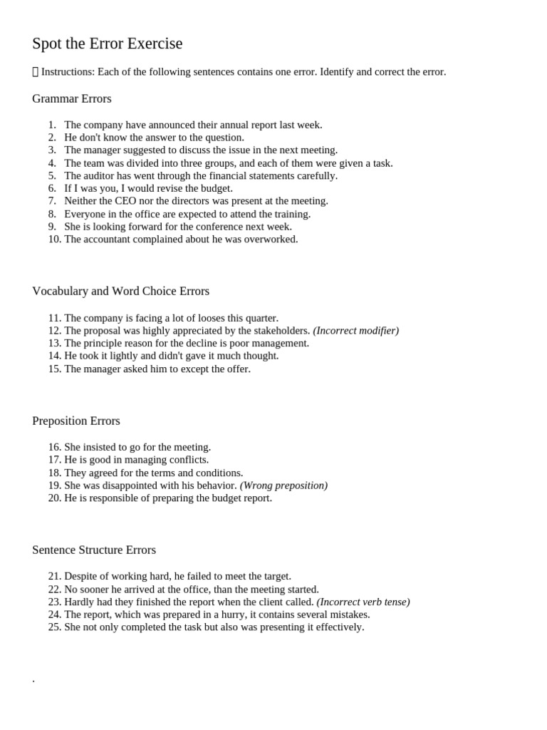 Spot The Error Exercise Student | PDF | Verb | Linguistics
