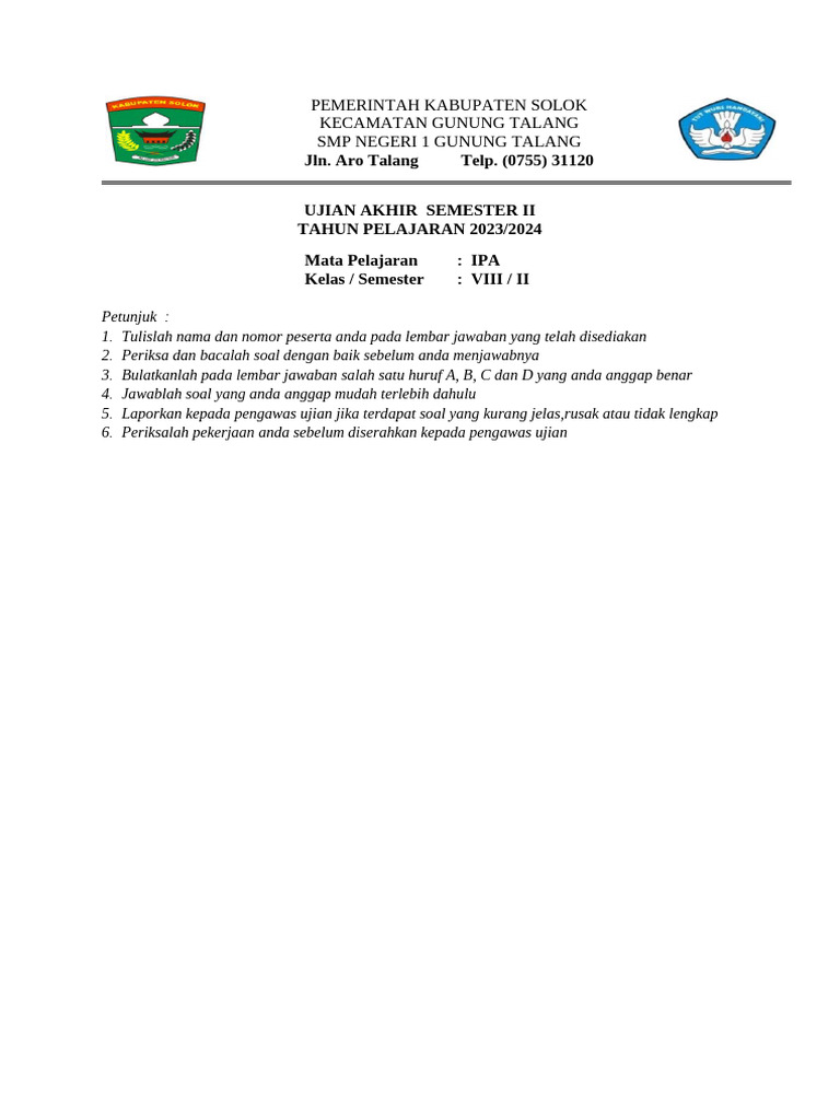 SOAL - PAS - IPA KELAS 8 SMT 2 2024 | PDF
