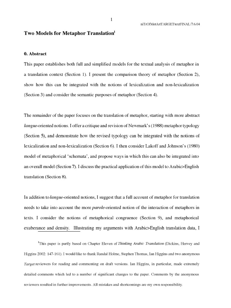Two Models For Metaphor Translation | PDF