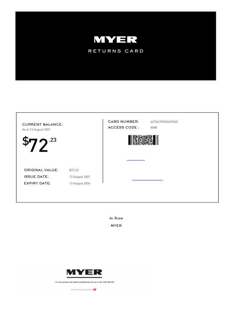 Myer Returns Card Details and Terms | PDF