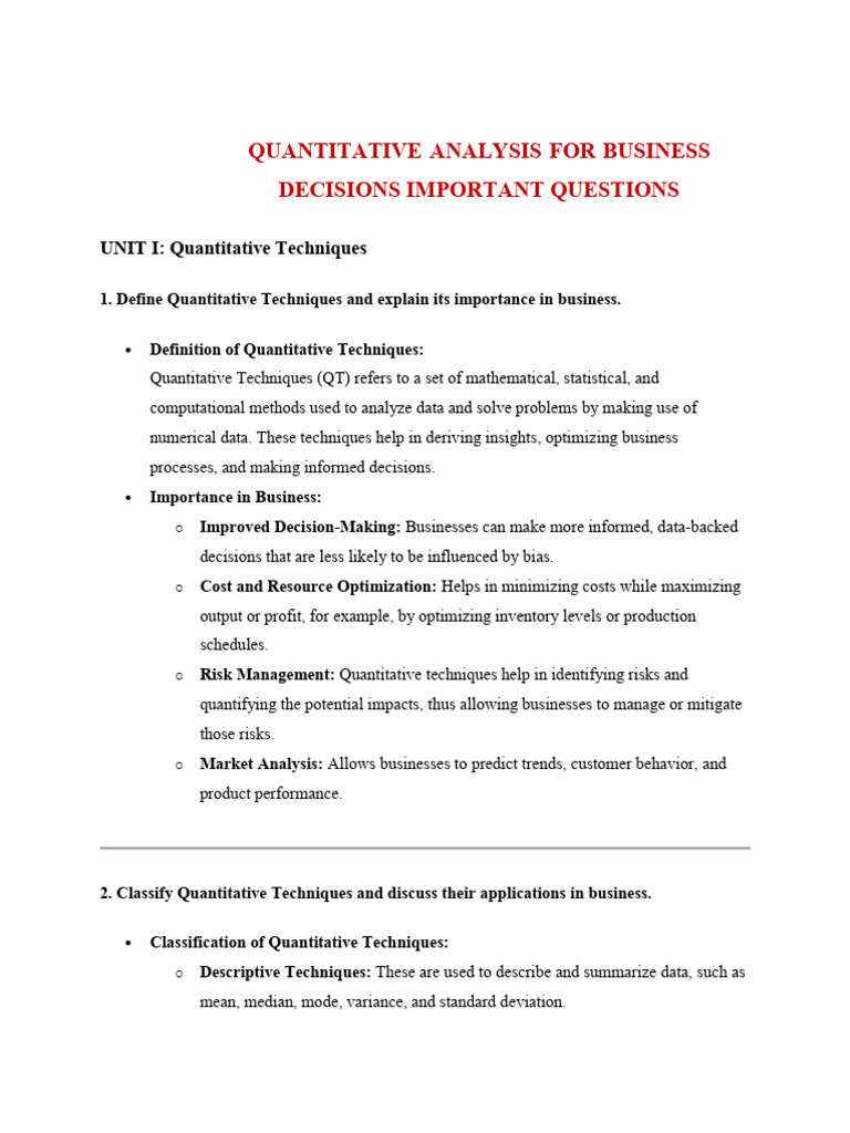 Quantitative Analysis For Business Decisions Important Questions | PDF | Sampling (Statistics ...