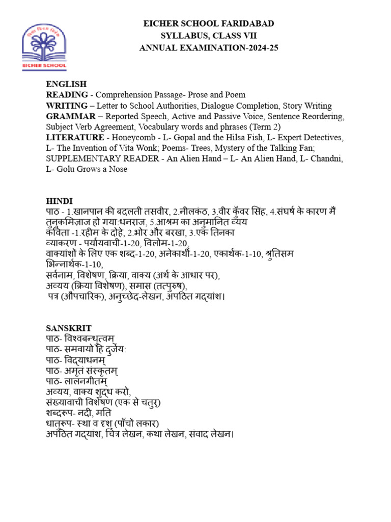 Class 7 Annual Syllabus | PDF