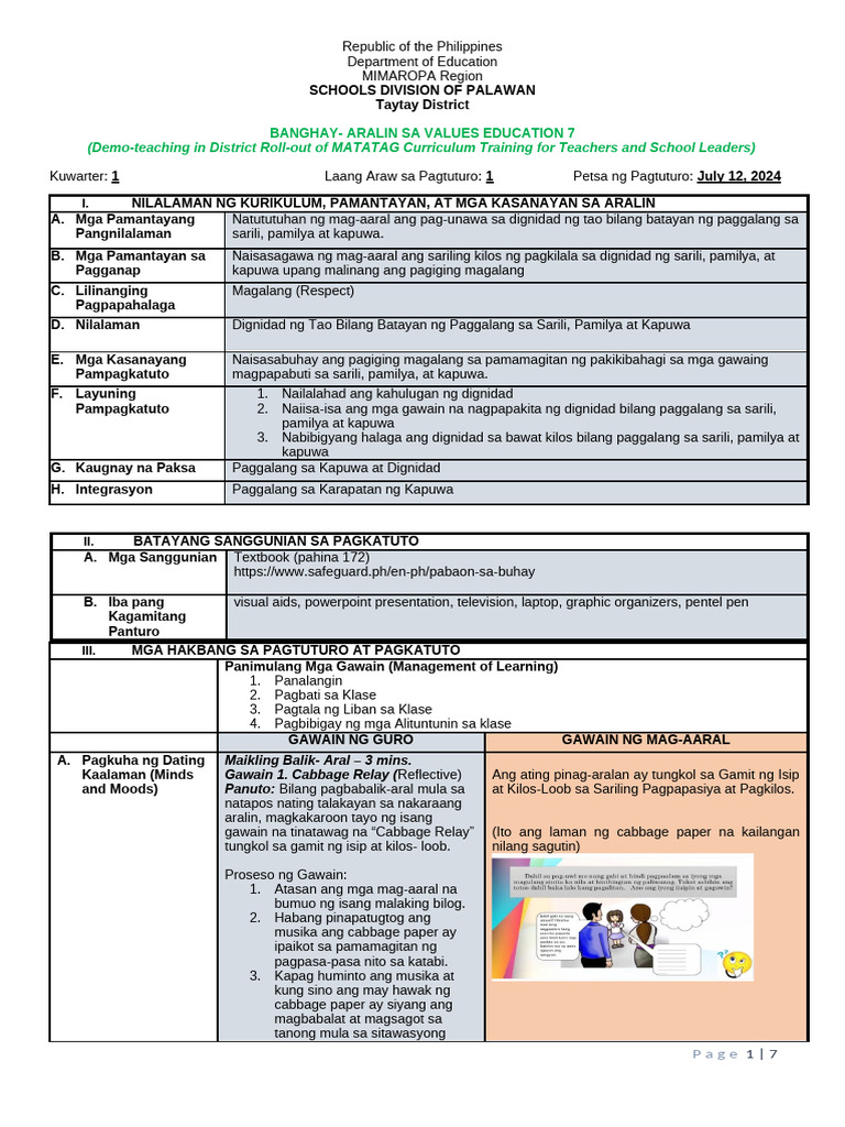 DLP Values Education 7 Demo 1 | PDF