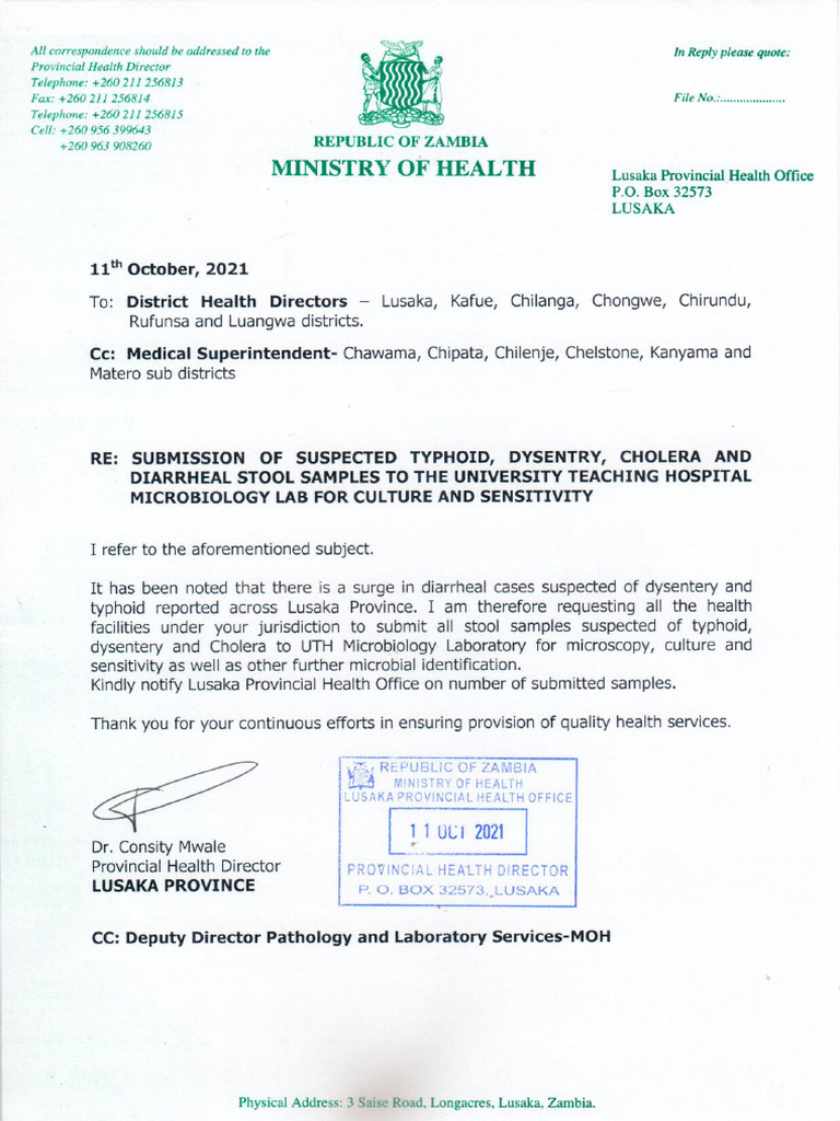 Submission of Suspected Typhoid, Disentry, Cholera & Diarrhea Stool ...