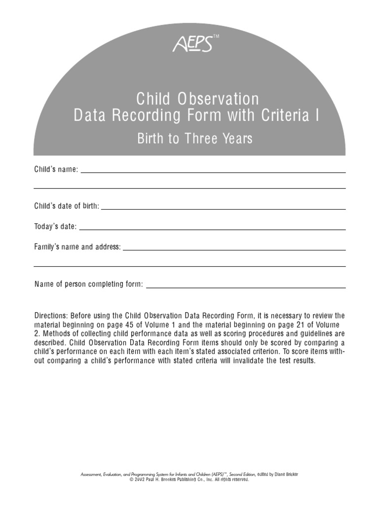 Child Observation Data Recording Form with Criteria I Birth to Three ...