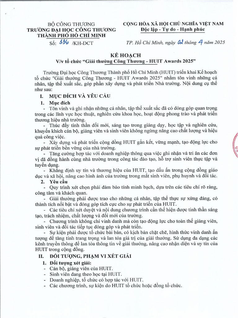 336-KH-DCT-02.04.2025 Ke hoach To chuc Giai thuong Cong Thuong - HUIT Awards 2025 | PDF