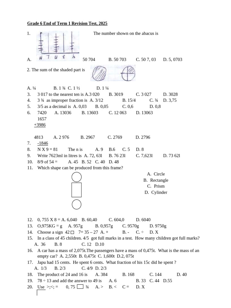 The Grange Christian School Maths Grade 6 Paper1 | PDF | Mathematical ...