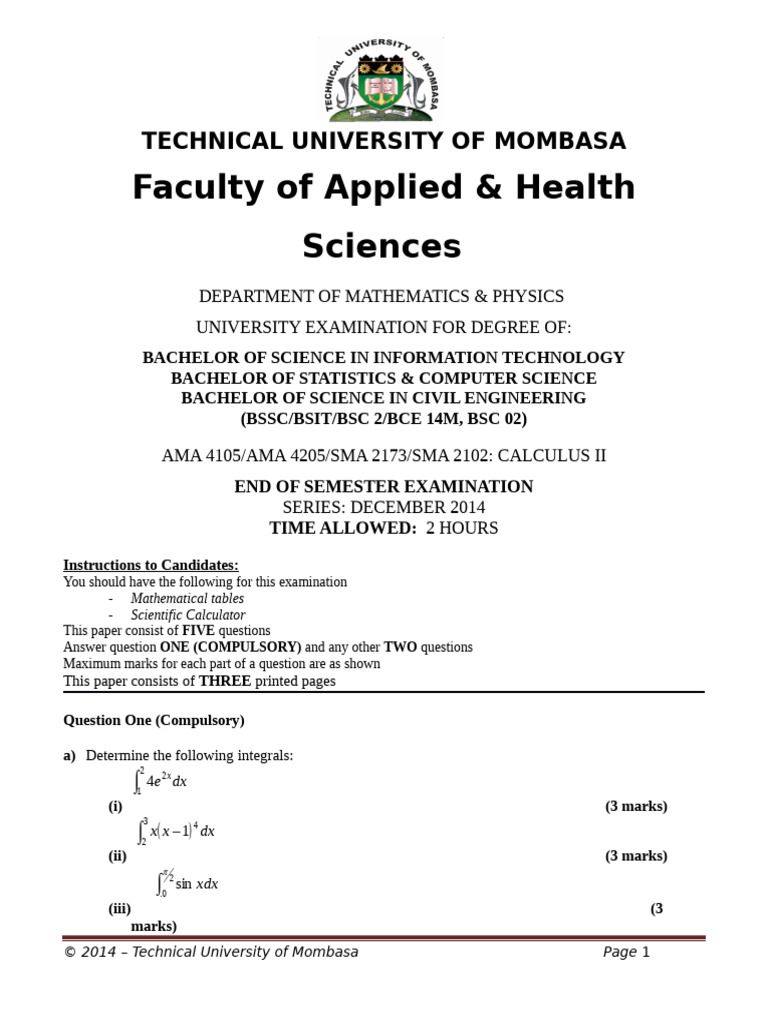 Calculus Ii Ama 4105 Ama 4205 Sma 2173 Sma 2102 | PDF | Integral | Science