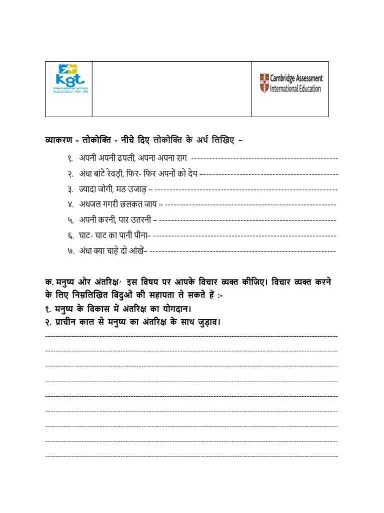 Grade 7 HINDI Revision Worksheet | PDF