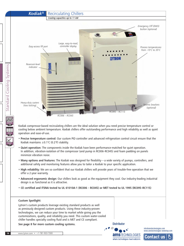 Kodiak Compressor Based Stand Alone Chillers Lytron Datasheet | PDF | Pump | Chemical Engineering