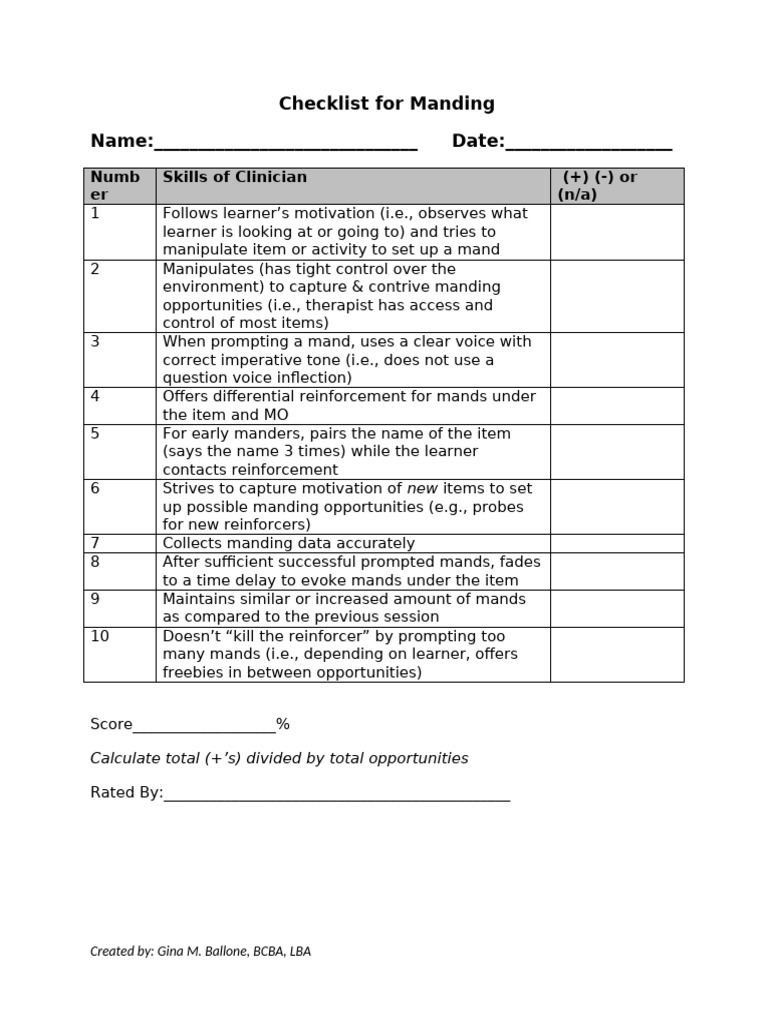 Manding Skills Checklist for Clinicians | PDF
