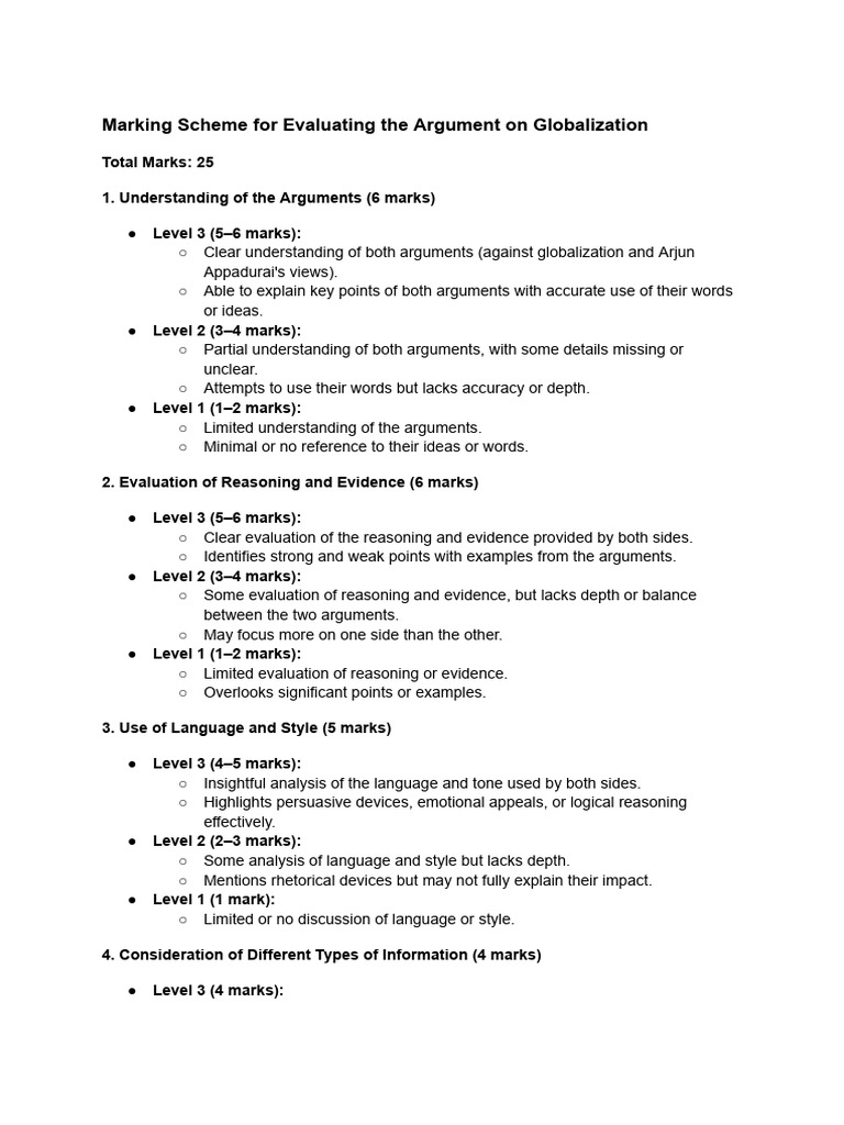 Marking Scheme for Evaluating the Argument on Globalization | PDF | Argument | Reason
