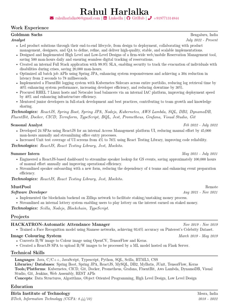 Software Developer Resume - Rahul Harlalka | PDF | Ibm Db2 ...
