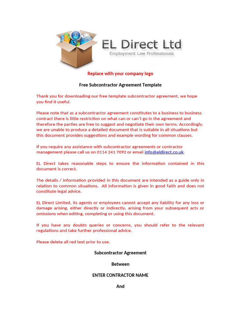 Free Subcontractor Agreement Template | PDF | Indemnity | Insurance