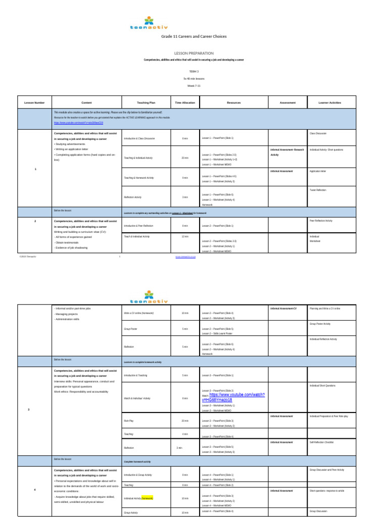 1 Gr11 T3 CCC Lesson Preparation (2023) Week 7-11 | PDF | Learning | Worksheet