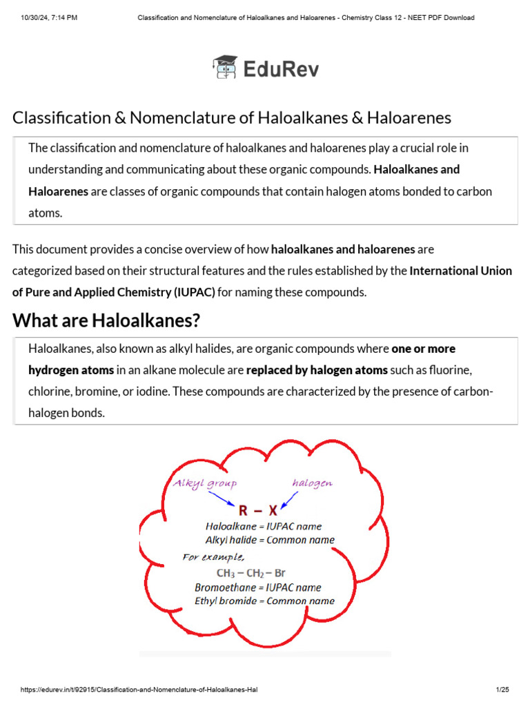 Classification and Nomenclature of Haloalkanes and Haloarenes - Chemistry Class 12 - NEET PDF ...