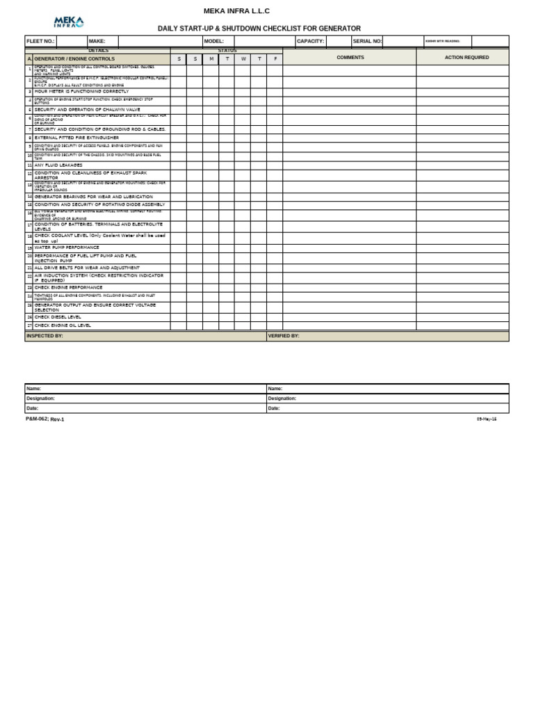 P&M-062 - Daily Start Up and Shutdown Checklist For Generator Rev. 1 ...