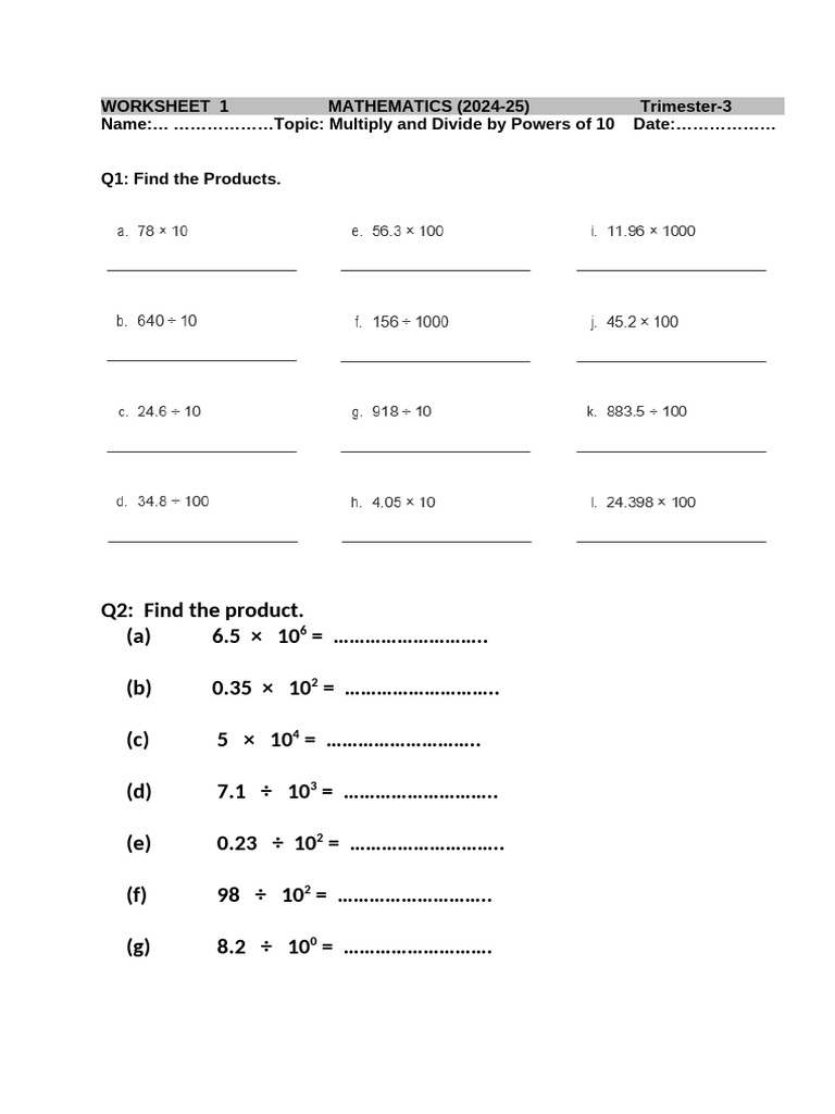 Multiply DEcimals by Powers of ten | PDF