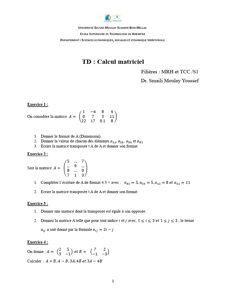 TD-Matrices | PDF | Matrice (Mathématiques) | Analyse fonctionnelle