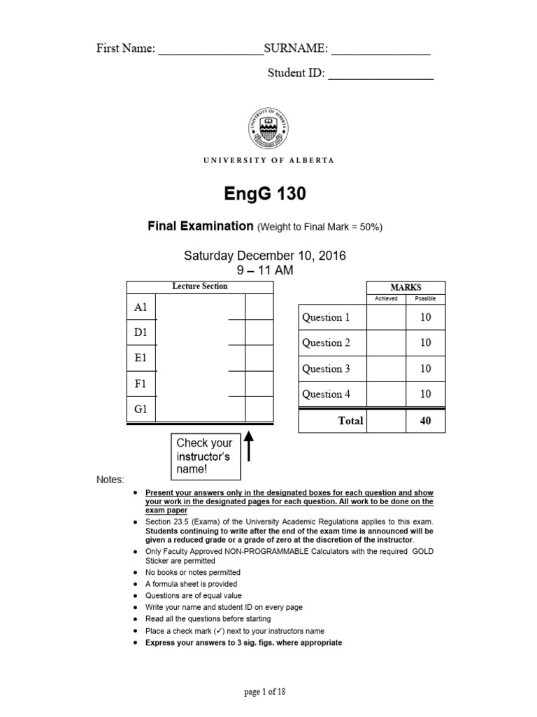 ENGG 130 Fall 2016 Final Exam | PDF | Bending | Beam (Structure)