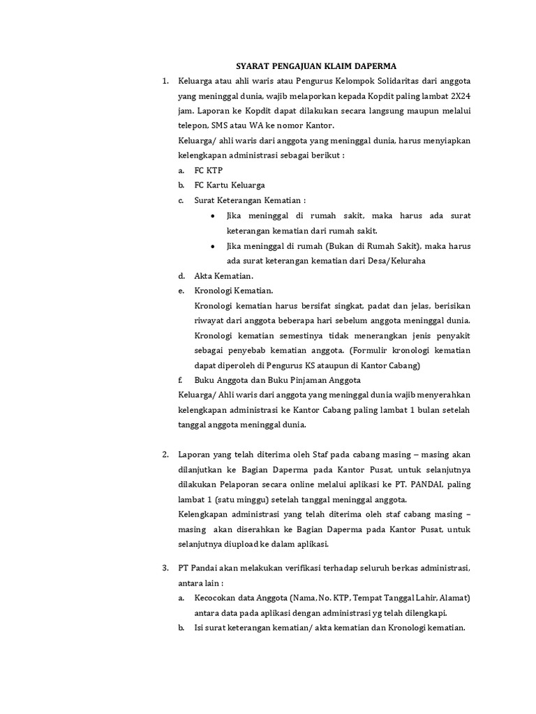 Syarat Pengajuan Klaim Daperma | PDF