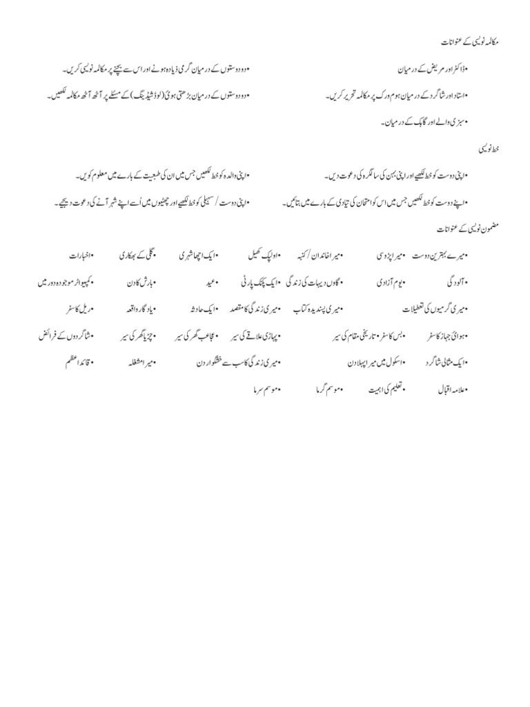 Topics For Creative Writing Urdu Class 4 | PDF