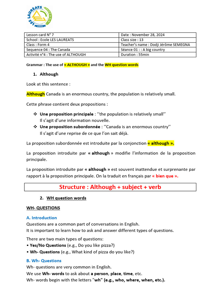 Cours - Grammar Lesson On Although and WH Questions Words | PDF ...