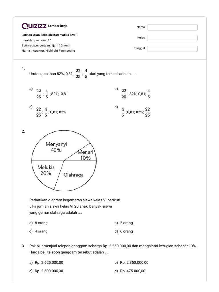 Latihan Ujian Sekolah Matematika SMP - Quizizz | PDF