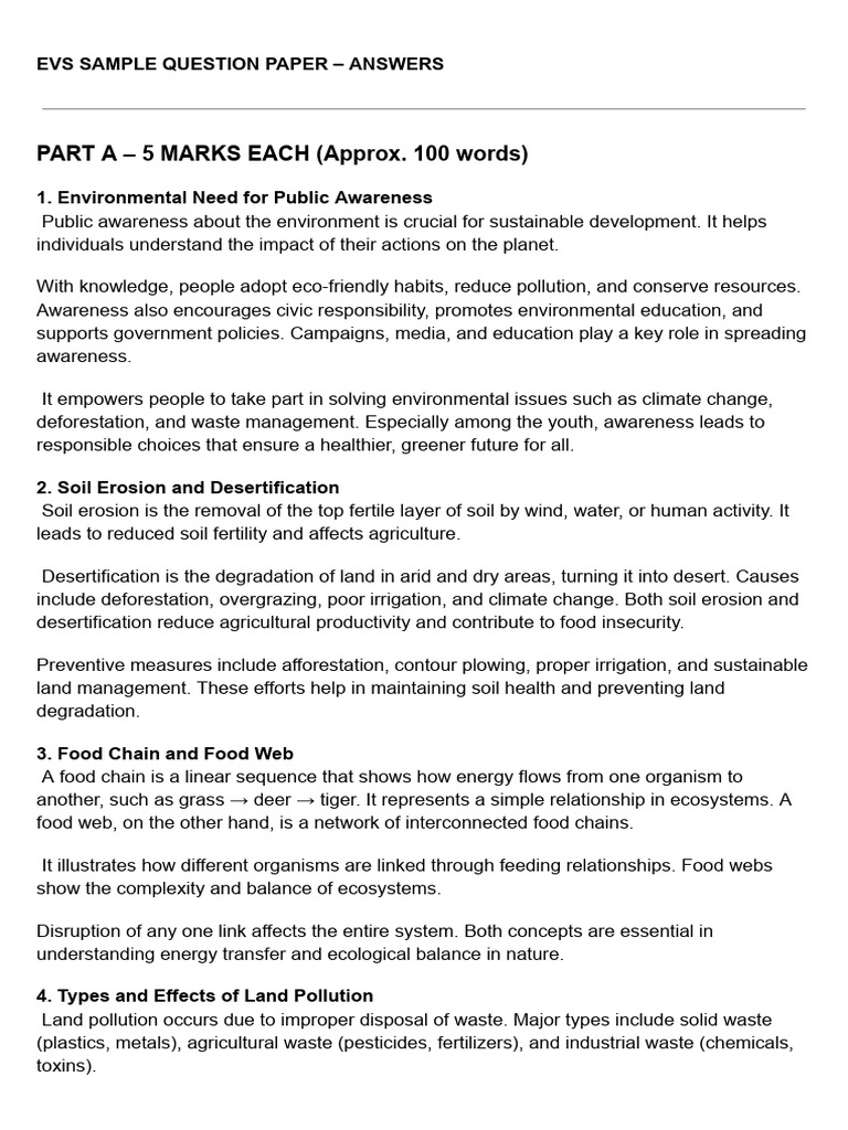 Evs Sample Question Paper - Answers | PDF | Agriculture | Sustainability