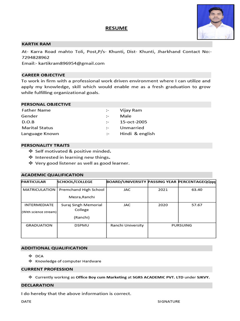 Resume of Kartik Ram - Fresh Graduate | PDF