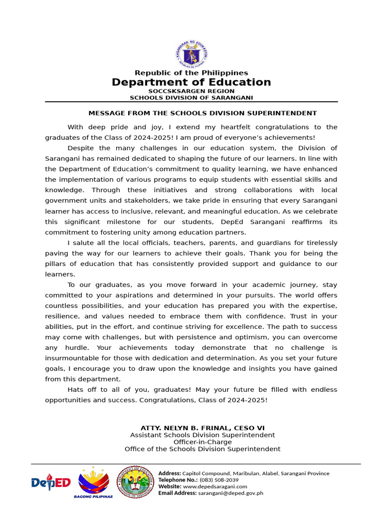 2025 Graduation Message - ASDS | PDF | Intelligence | Behavior Modification