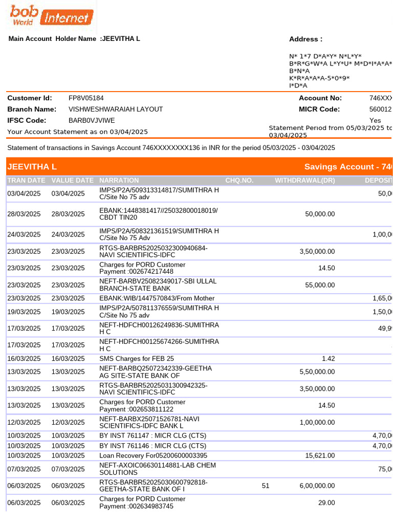 Savings Account Statement for JEEVITHA L | PDF | Financial Services | Banking