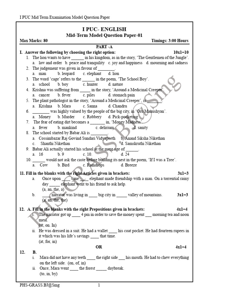 I PUC Mid Term Model QP-1 | PDF