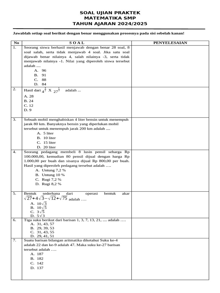 Soal Ujian Praktek MTK 2025 | PDF