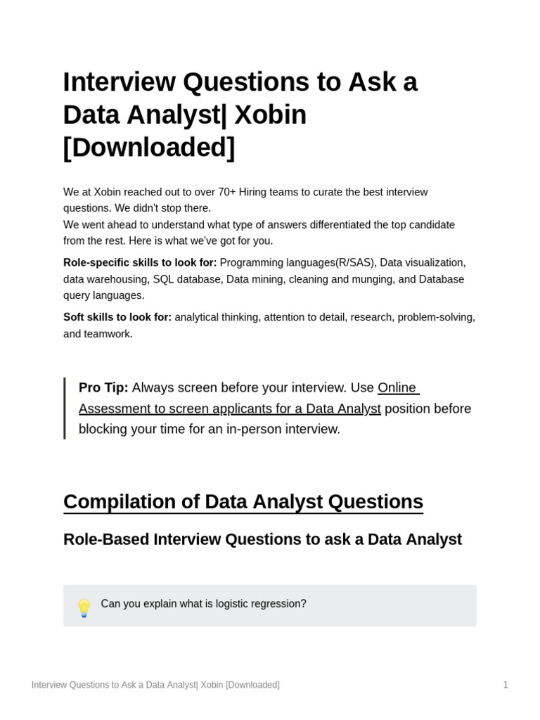 Interview Questions To Ask A Data Analyst Xobin Downloaded | PDF | Data ...