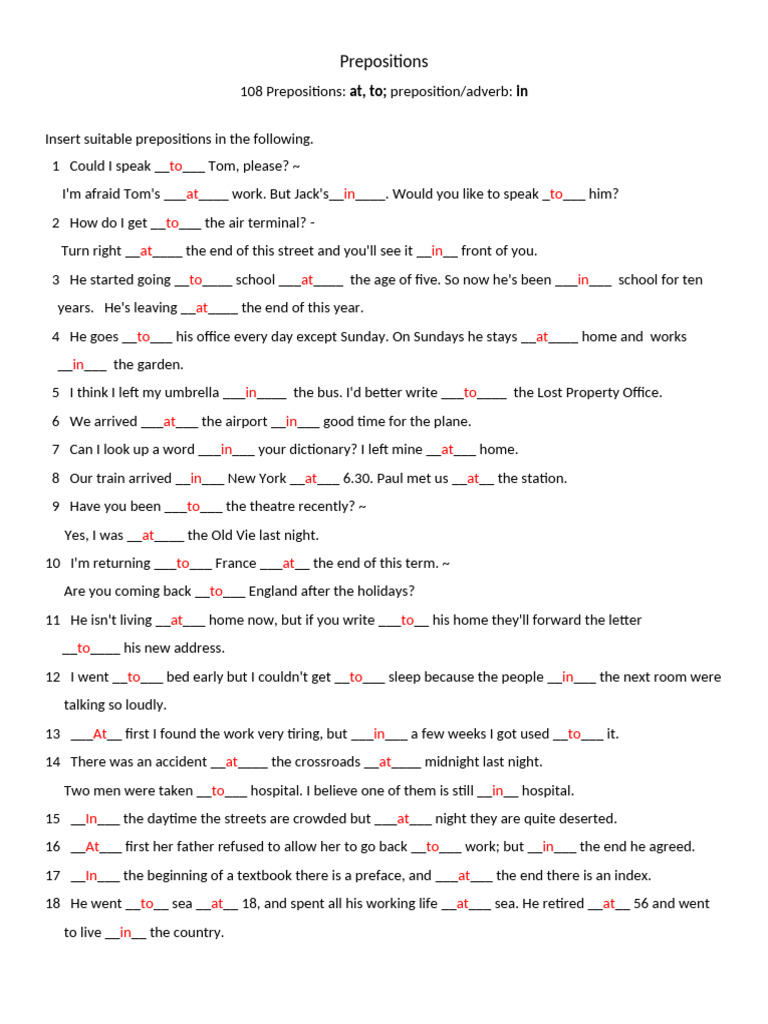 Prepositions Usage Exercises | PDF | Adverb