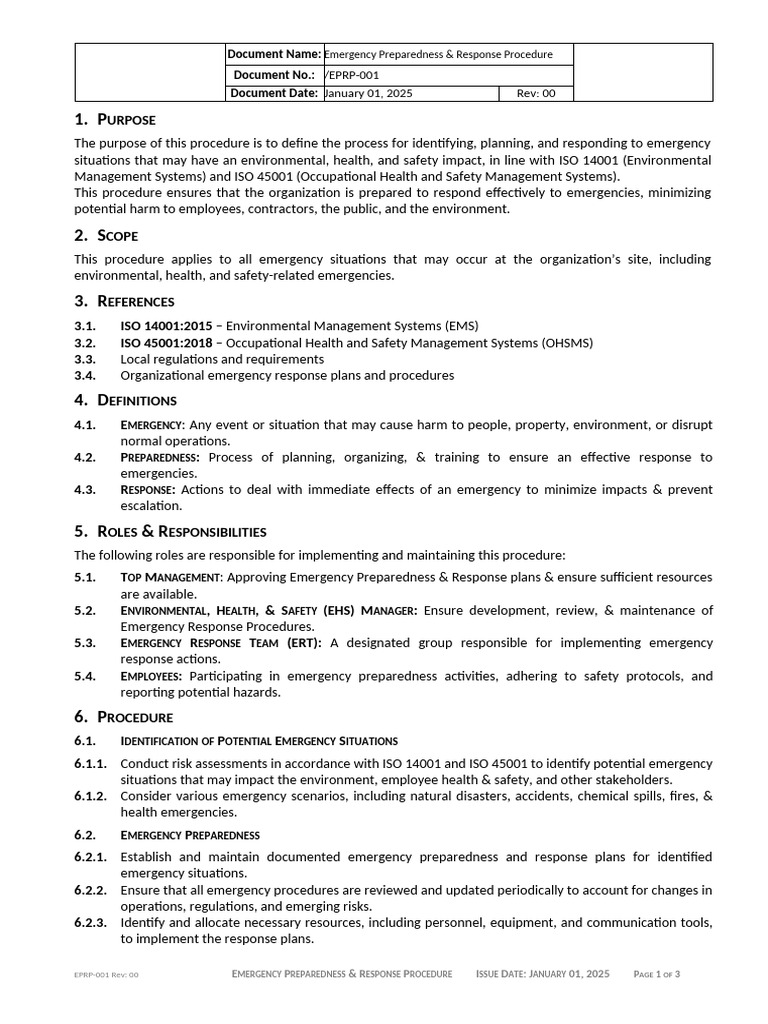 Emergency Prepardness & Response Procedure | PDF | Emergency ...