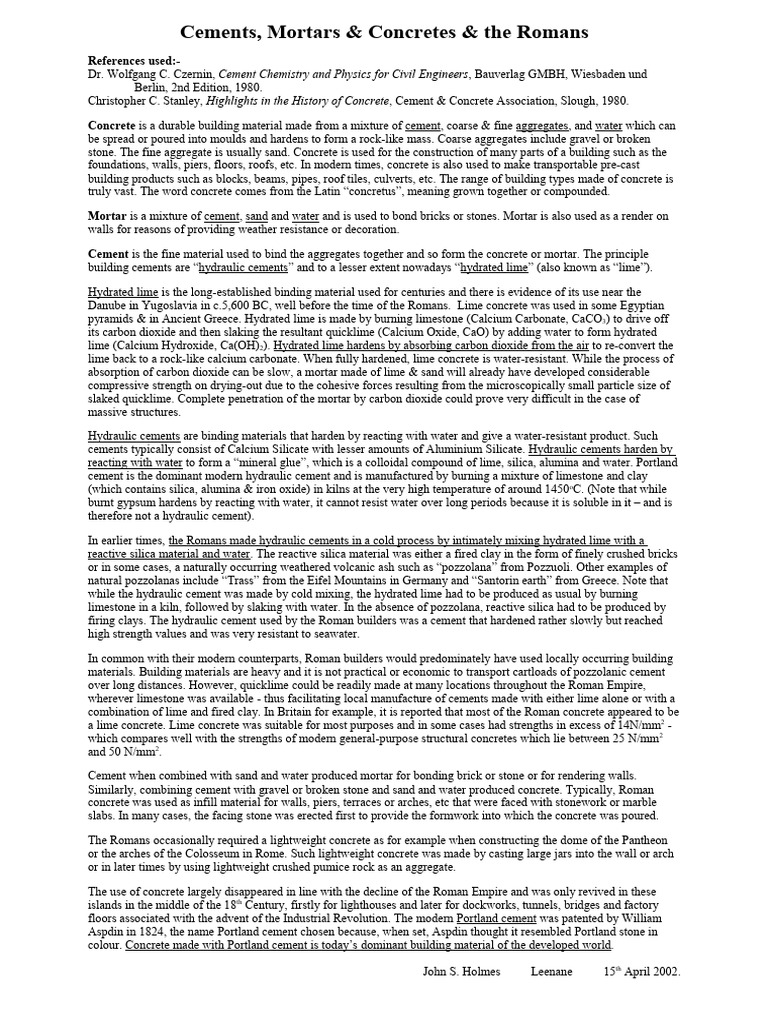 Cements, Mortars & Concretes & the Romans | PDF | Lime (Material) | Cement