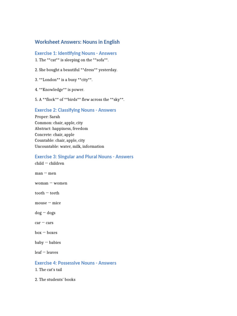 English Nouns Worksheet Answers | PDF
