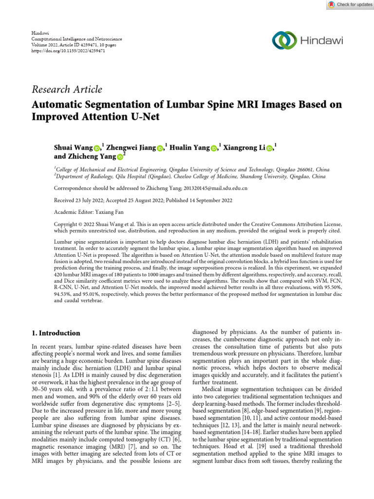 Computational Intelligence and Neuroscience - 2022 - Wang - Automatic Segmentation of Lumbar ...