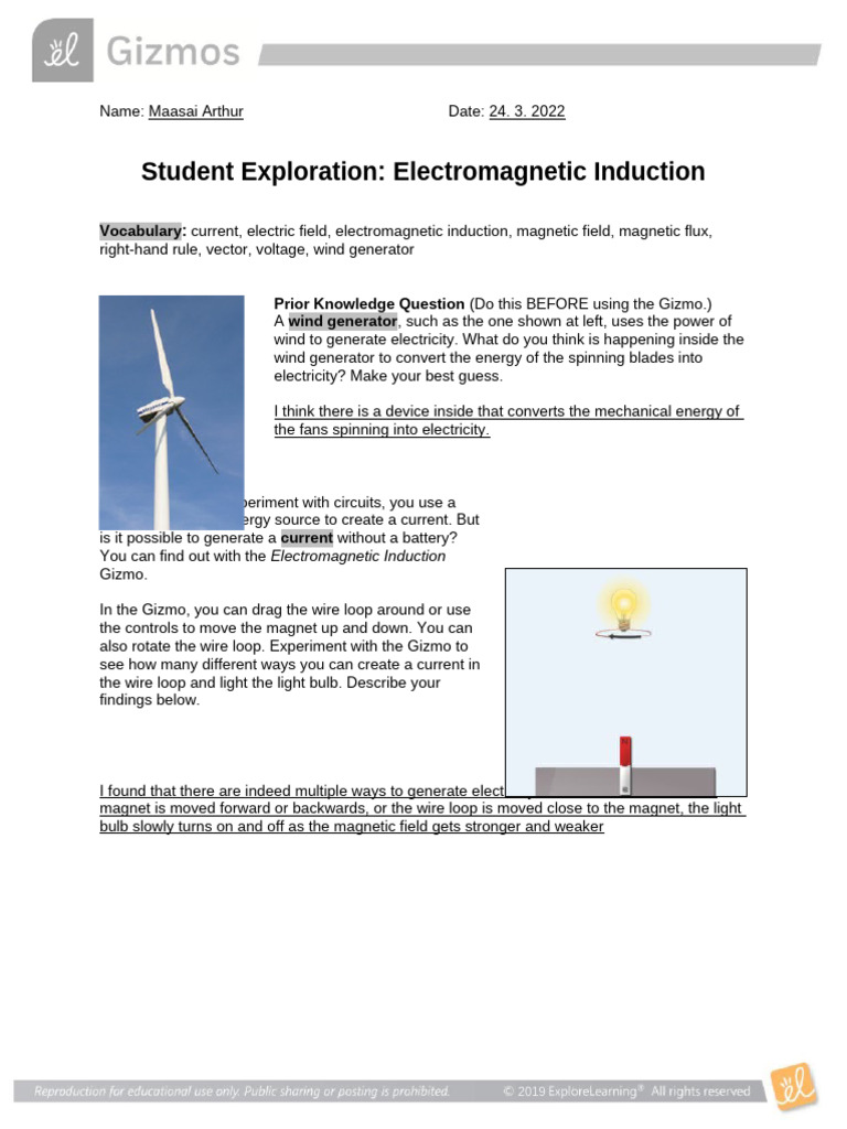 Student Exploration: Electromagnetic Induction | PDF | Electromagnetic ...