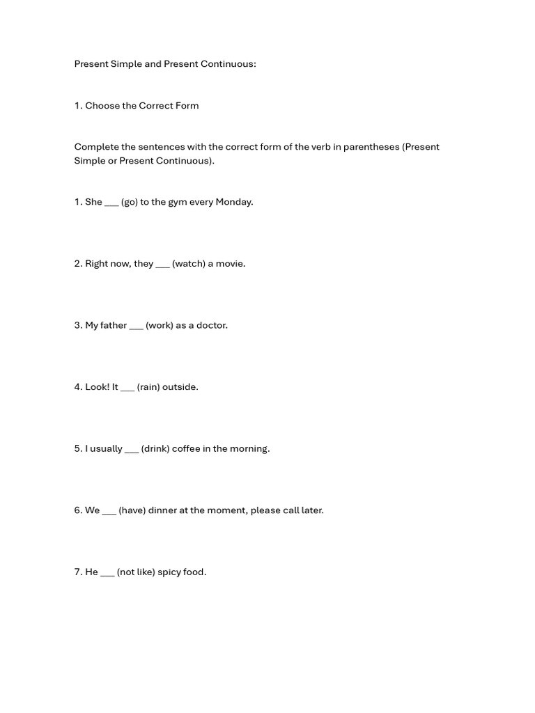 Present Simple vs. Continuous Exercises | PDF
